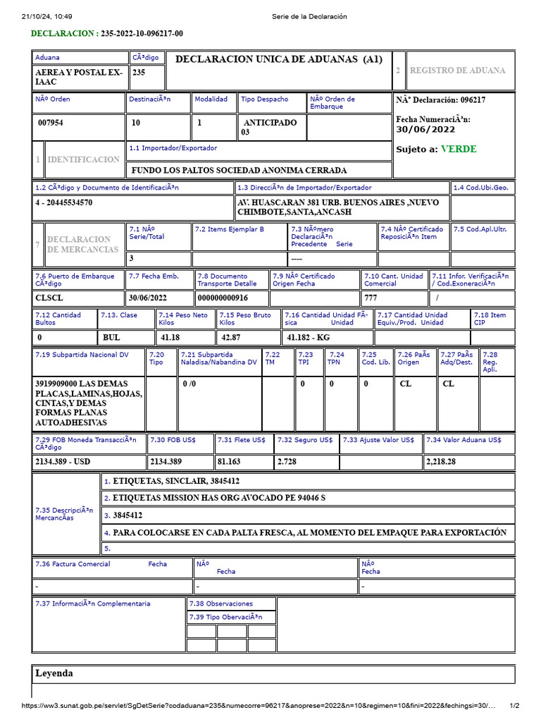 Declaracion Unica de Aduanas (A1) | PDF