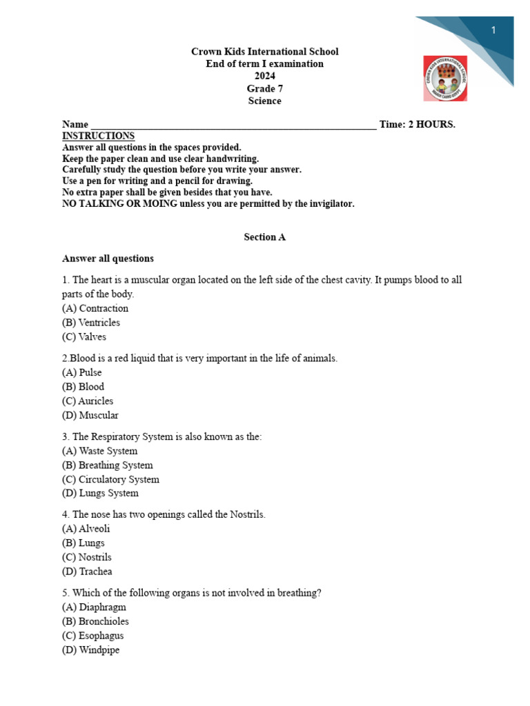 Grade 7 Science EOT 1 | PDF | Heart | Respiratory System