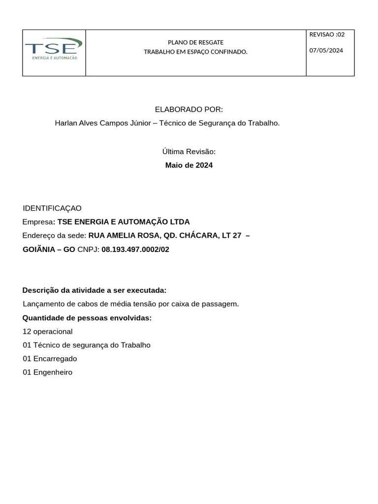 PLANO DE RESGATE ESPAÇO CONFINADO | PDF | Primeiros socorros | Resgate