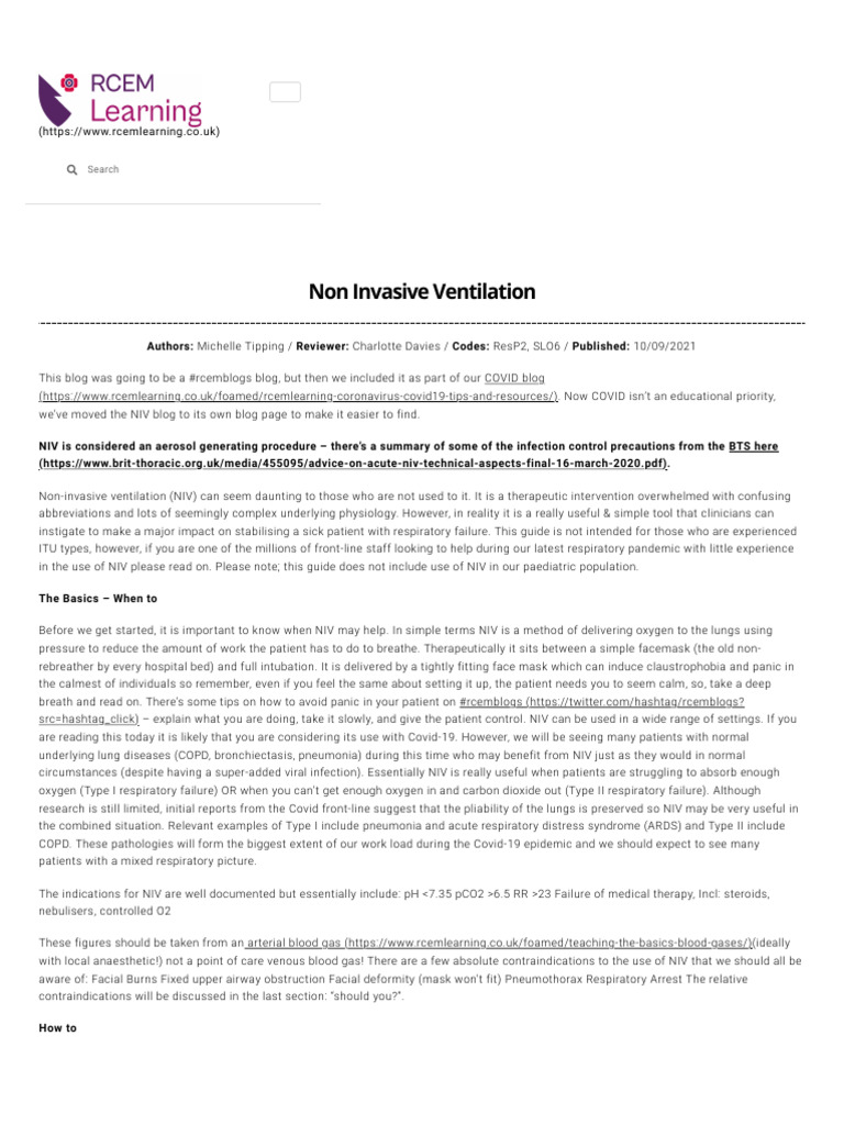Non Invasive Ventilation - RCEMLearning | PDF | Medicine | Pulmonology