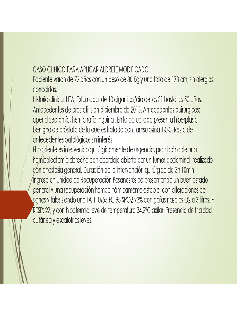 Evaluación Aldrete Modificado en Casos Clínicos | PDF | Enfermedades y ...
