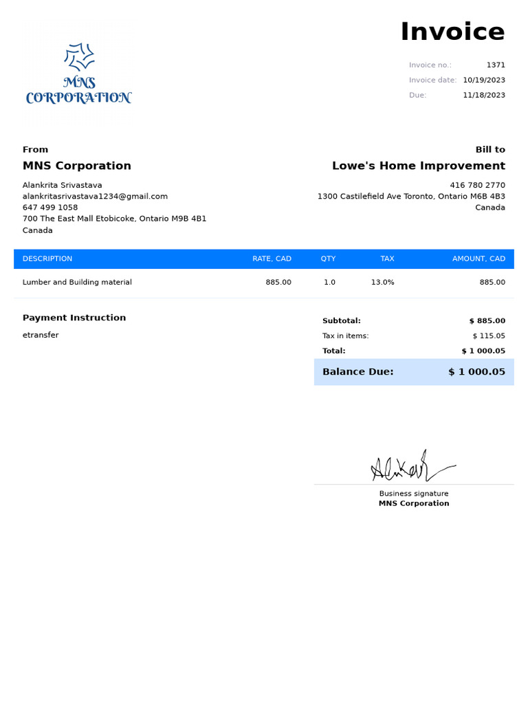 Invoice 1371 for Lowe's Home Improvement | PDF