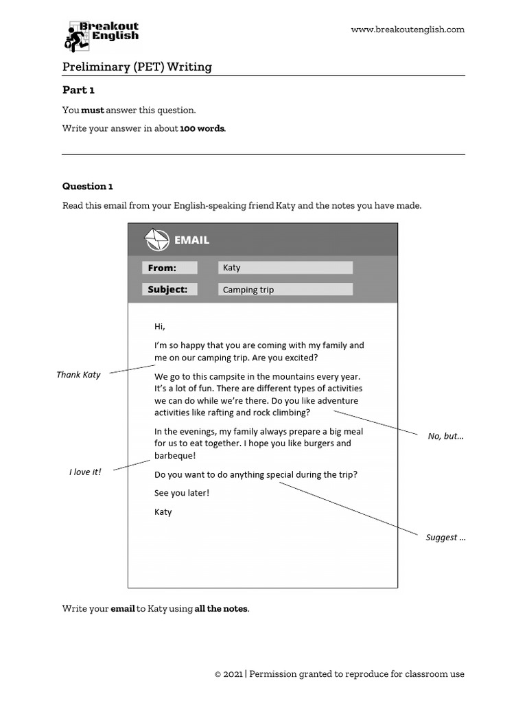 Preliminary PET Writing Sample Paper A | PDF