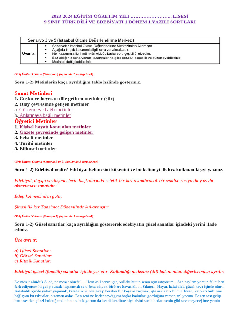 9 TDE 1.dönem 1.yazili Sorulari Ve Cevaplari 2023 Yeni Sistem | PDF