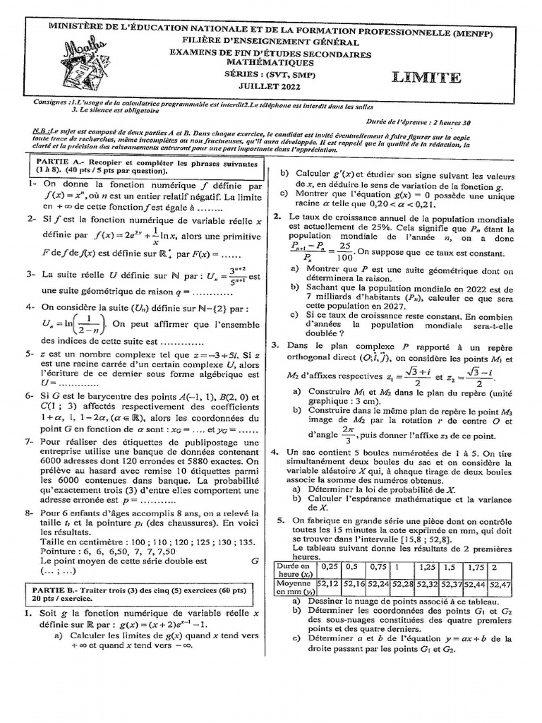 Maths 2022 SVT-SMP Limite | PDF