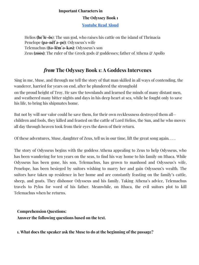 Without Answers Odyssey Book 1 Text and Questions in English and ...