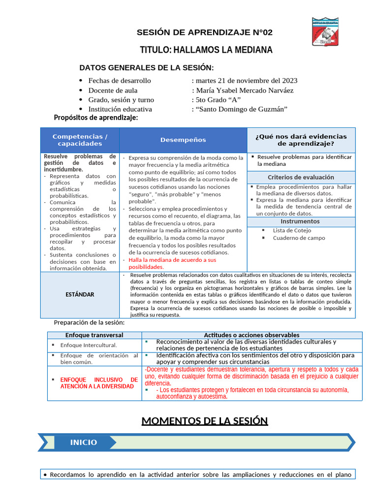 SESIÓN DE APRENDIZAJE NRO 02 - MATEMATICA | PDF | Mediana | Estadísticas