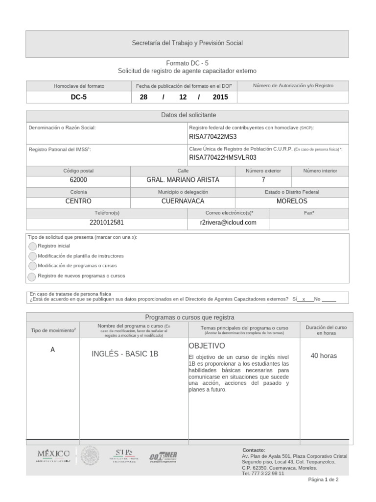 Formato DC-5 STPS Agente Capacitador MORELOS 1B | PDF