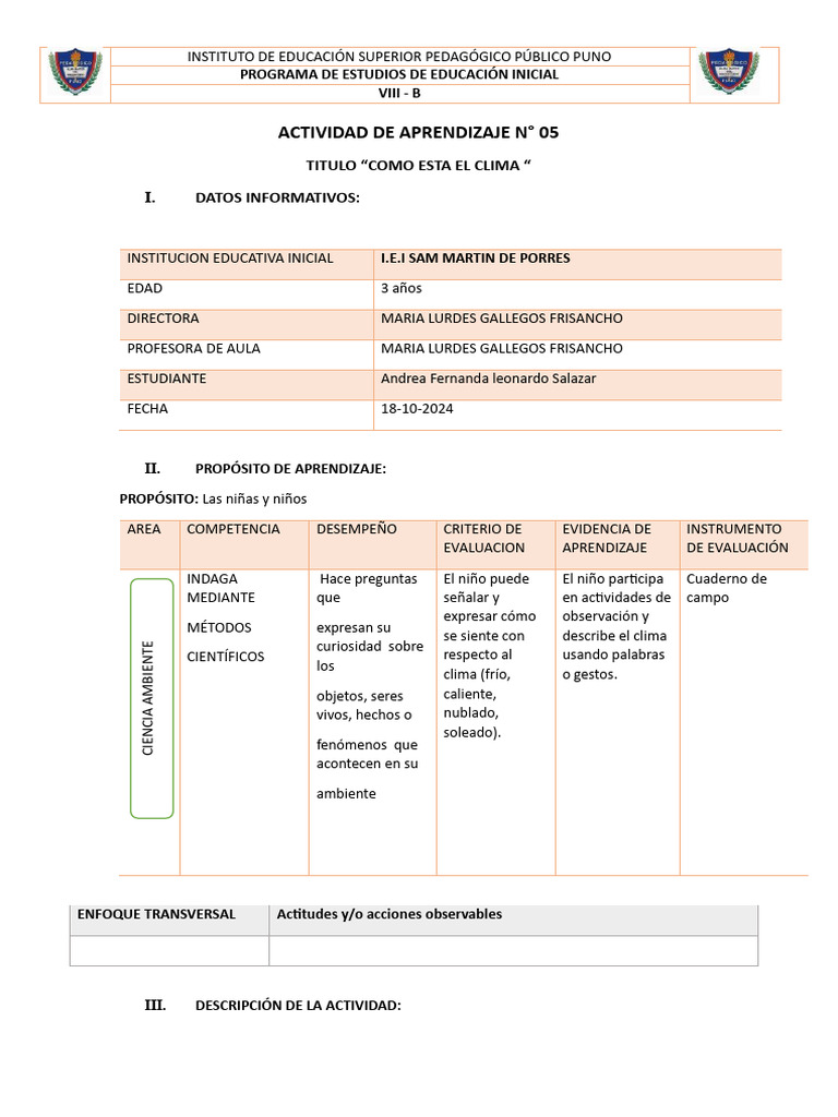 Titulo "Como Esta El Clima "n5 | PDF | Maestros | Evaluación