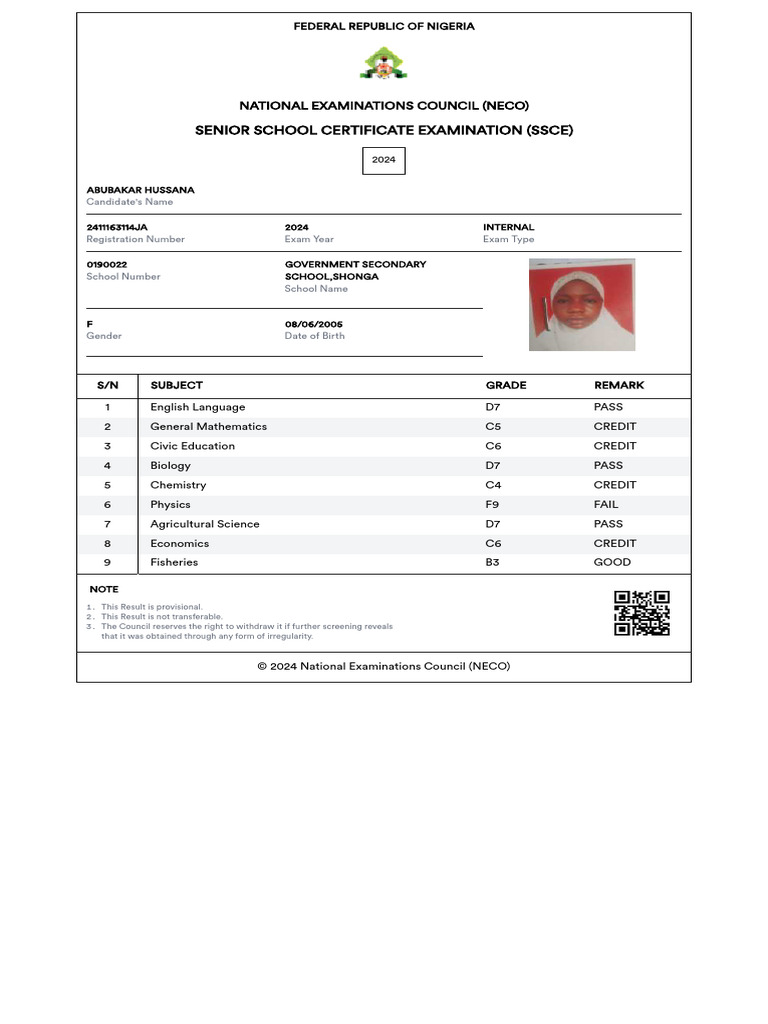 NECO Results Portal | PDF