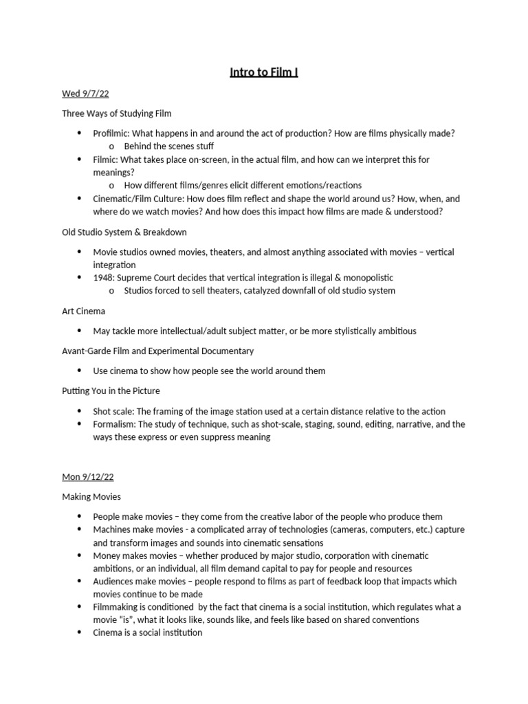 Intro To Film I Notes | PDF | Camera Lens | Cinematography