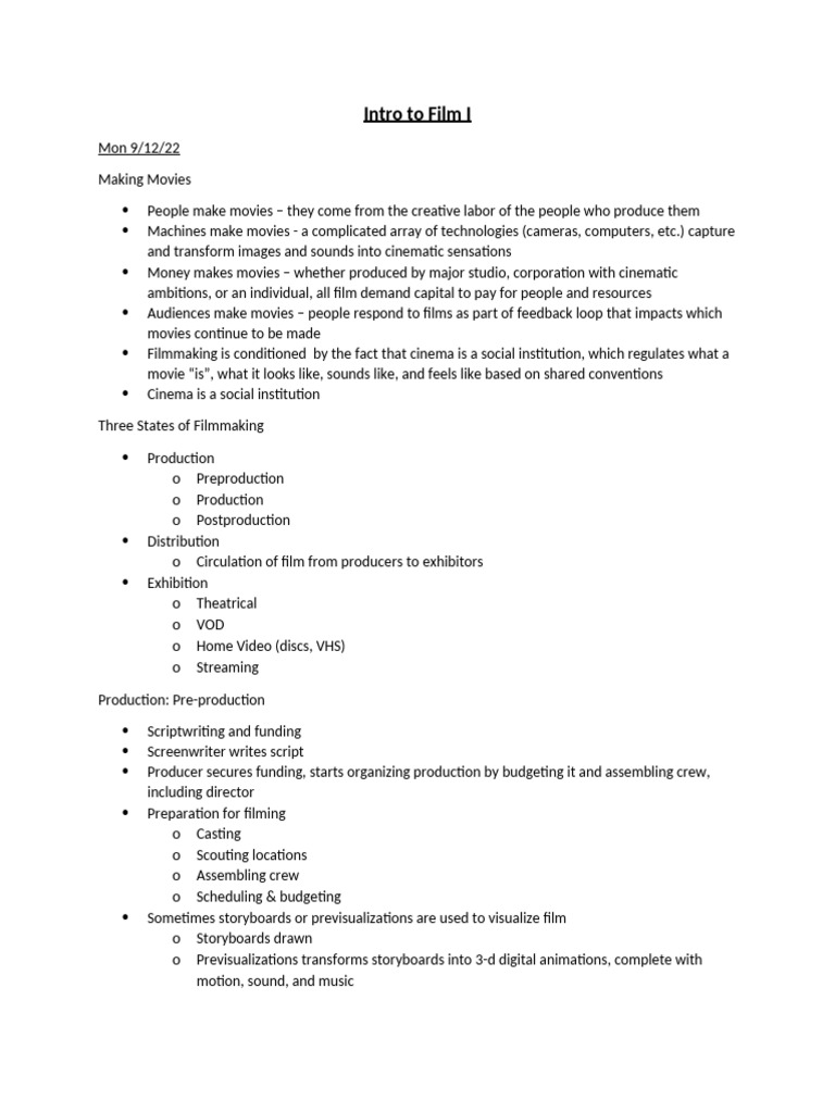 2022-09-12 Intro To Film I | PDF | Filmmaking | Film Director