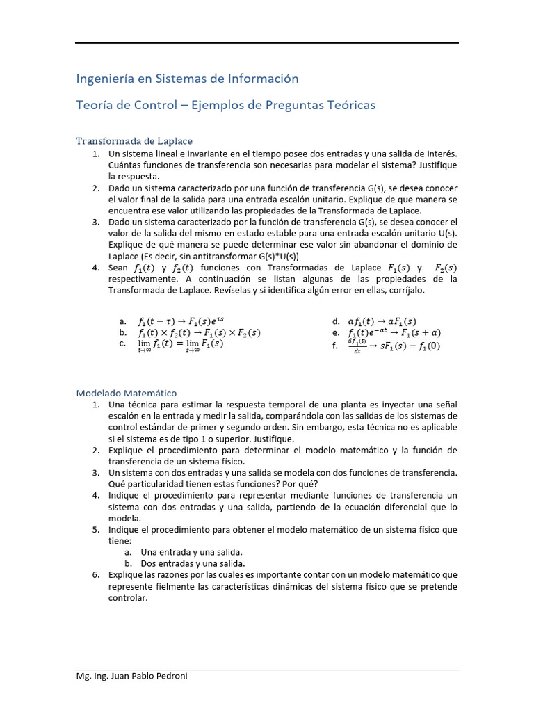 Teoría de Control - Compendio de Preguntas Teóricas para Parciales y Finales | PDF | Sistema de ...