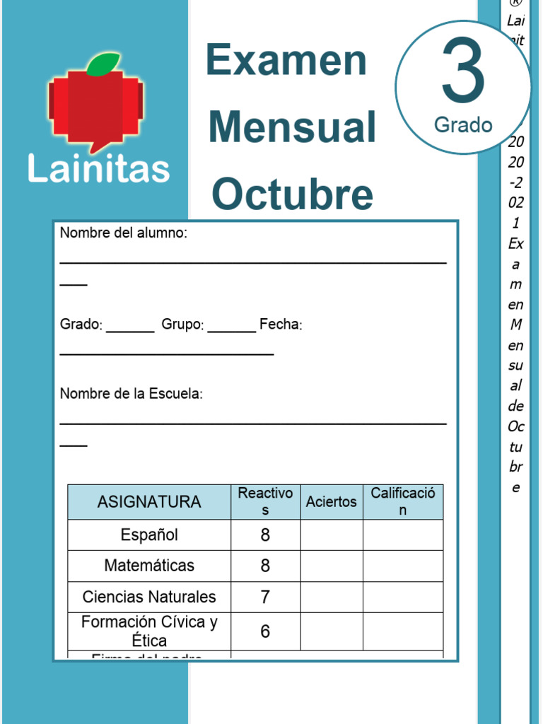 3er Grado - Examen Mensual Octubre (2020-2021) | PDF | Evaluación ...