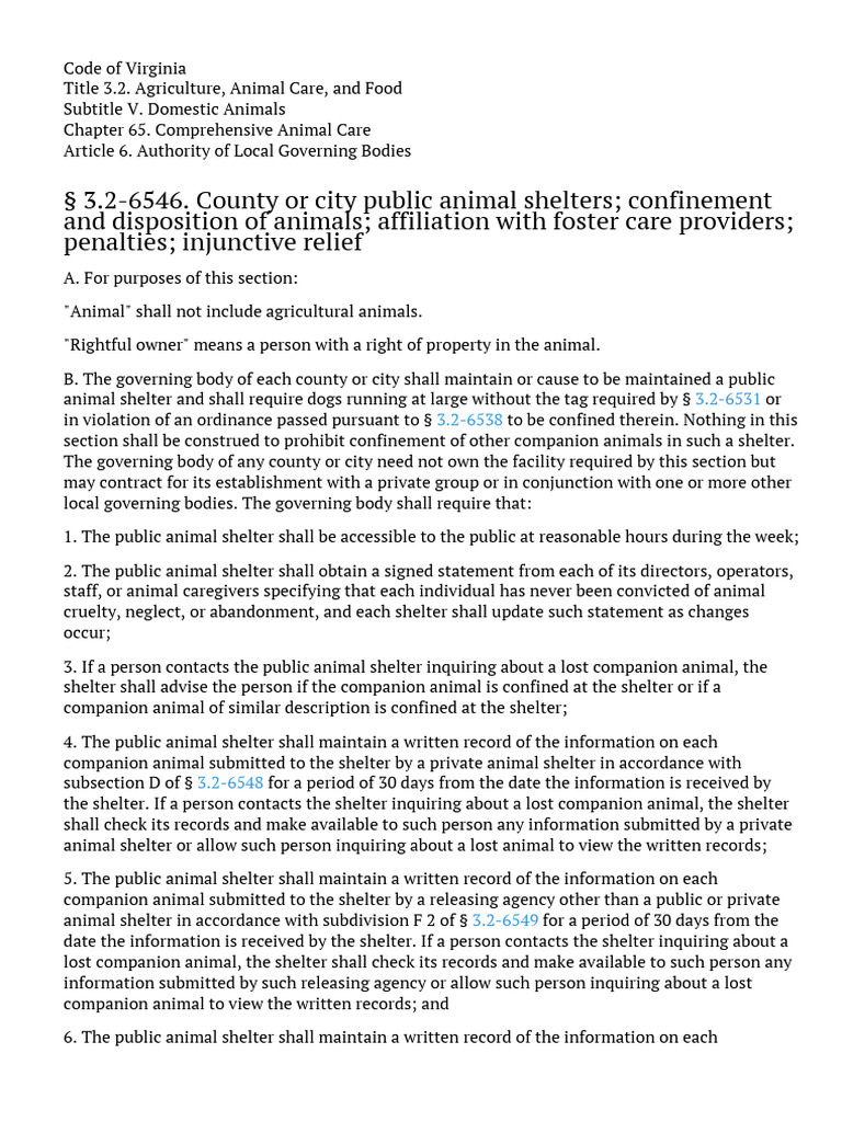 VA Code Private Shelters | PDF | Pet | Cruelty To Animals