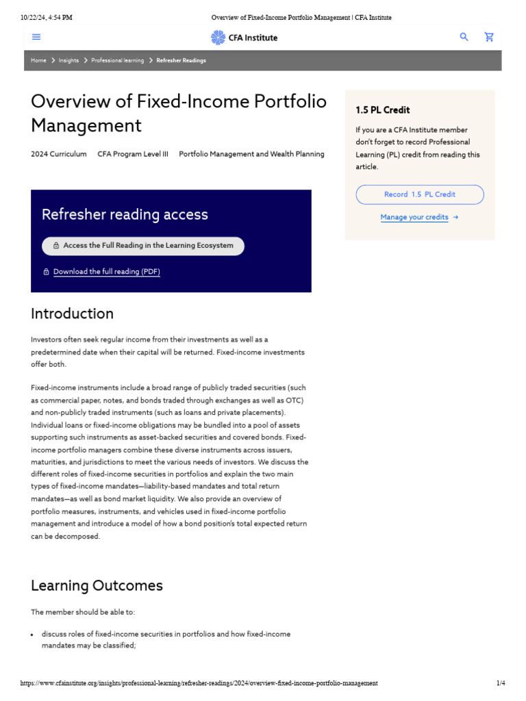 Overview of Fixed-Income Portfolio Management - CFA Institute | PDF ...