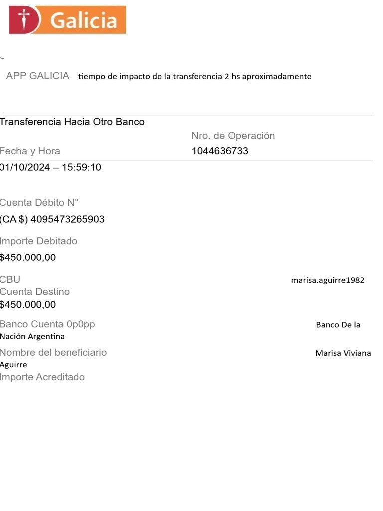 Comprobante de Pago Galicia | PDF