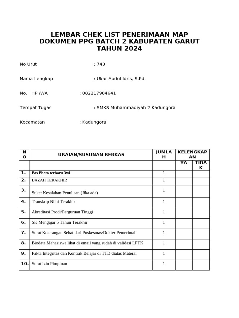 Lembar Ceklis PPG Batch 2 | PDF
