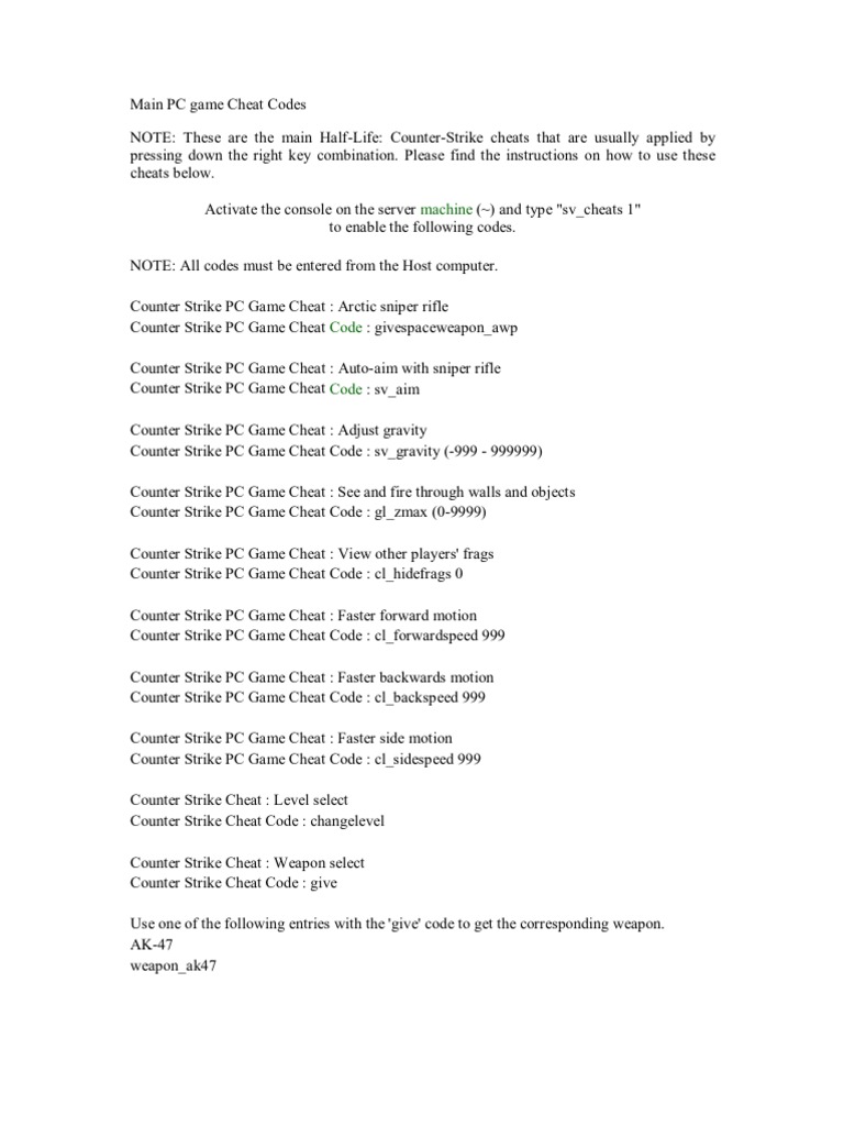 Main PC Game Cheat Codes | PDF