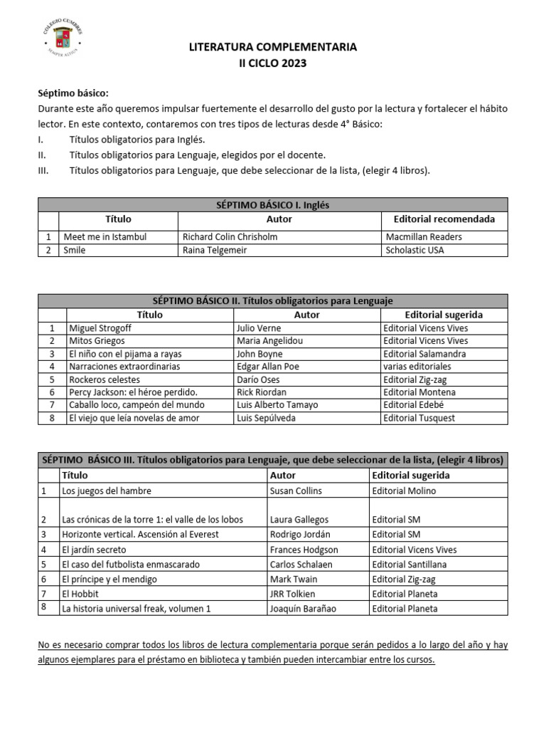 LECTURAS-COMPLEMENTARIAS-7-IV-MEDIO-2023-P | PDF
