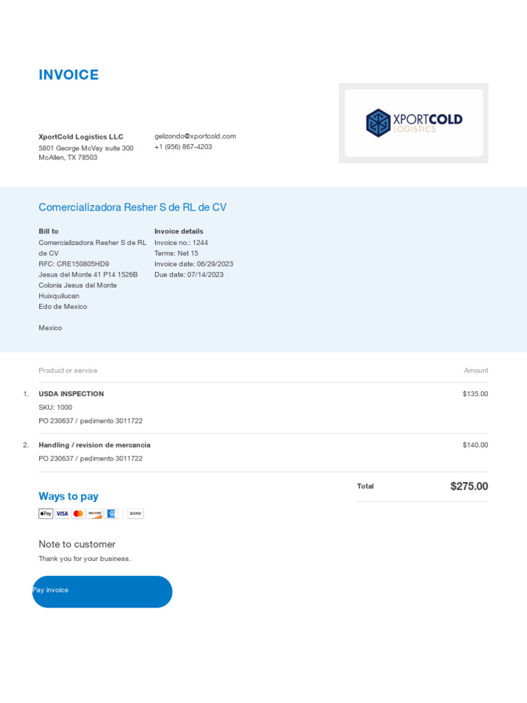 Invoice 1244 - PO 230637 Ped 3011722 | PDF