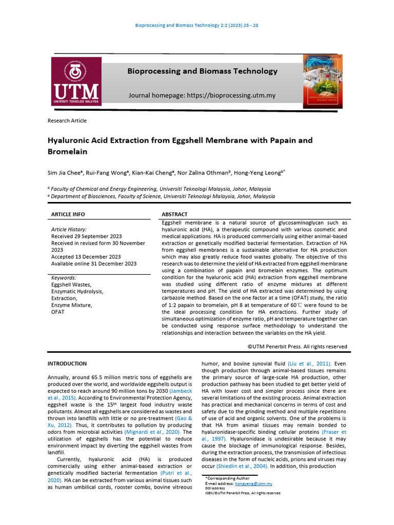 Hyaluronic Acid from Eggshell Membrane | PDF | Enzyme | Hydrolysis