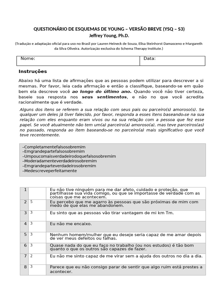 Questionário de Esquemas de Young YSQ-S3 Brasil | PDF | Tempo | Psicologia