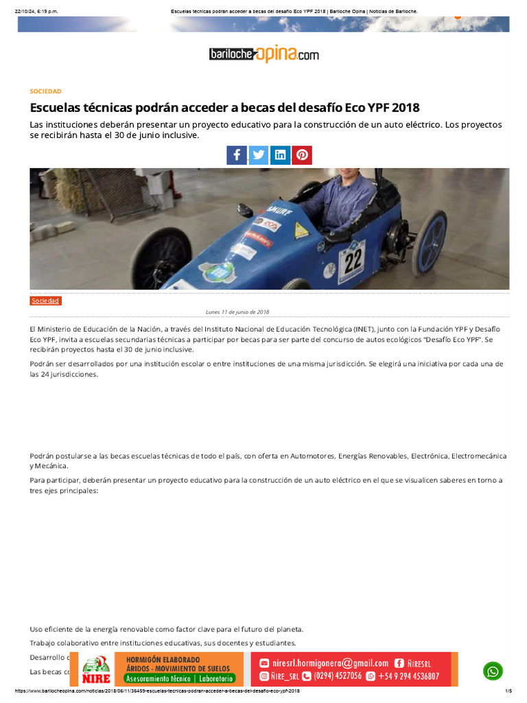 Escuelas Técnicas Podrán Acceder A Becas Del Desafío Eco YPF 2018 - Bariloche Opina - Noticias ...