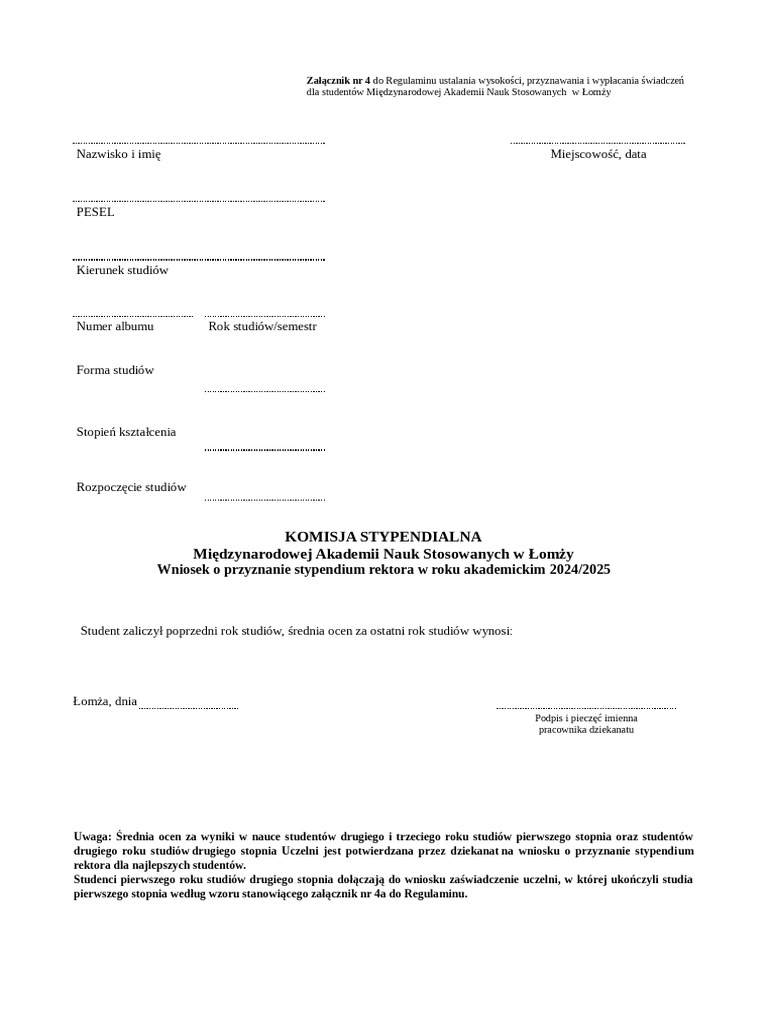 Zalacznik NR 4 Wniosek o Przyznanie Stypendium Rektora-1 | PDF