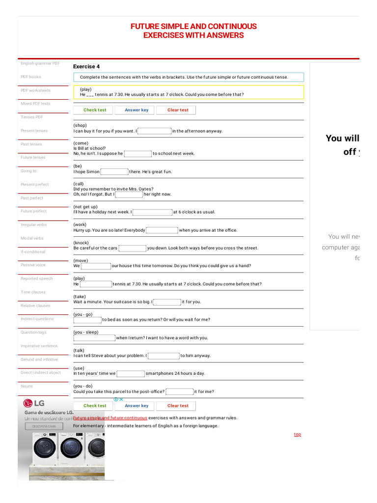 Future Simple and Future Continuous Exercises | PDF | Grammatical Tense ...