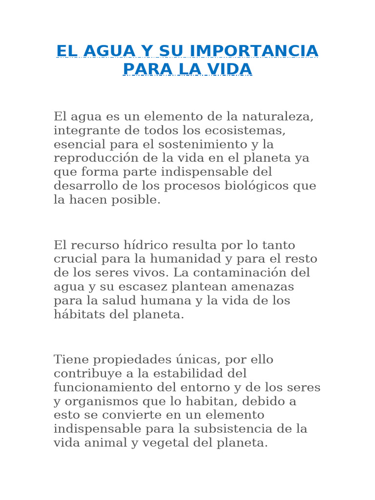 El Agua y Su Importancia para La Vida | PDF