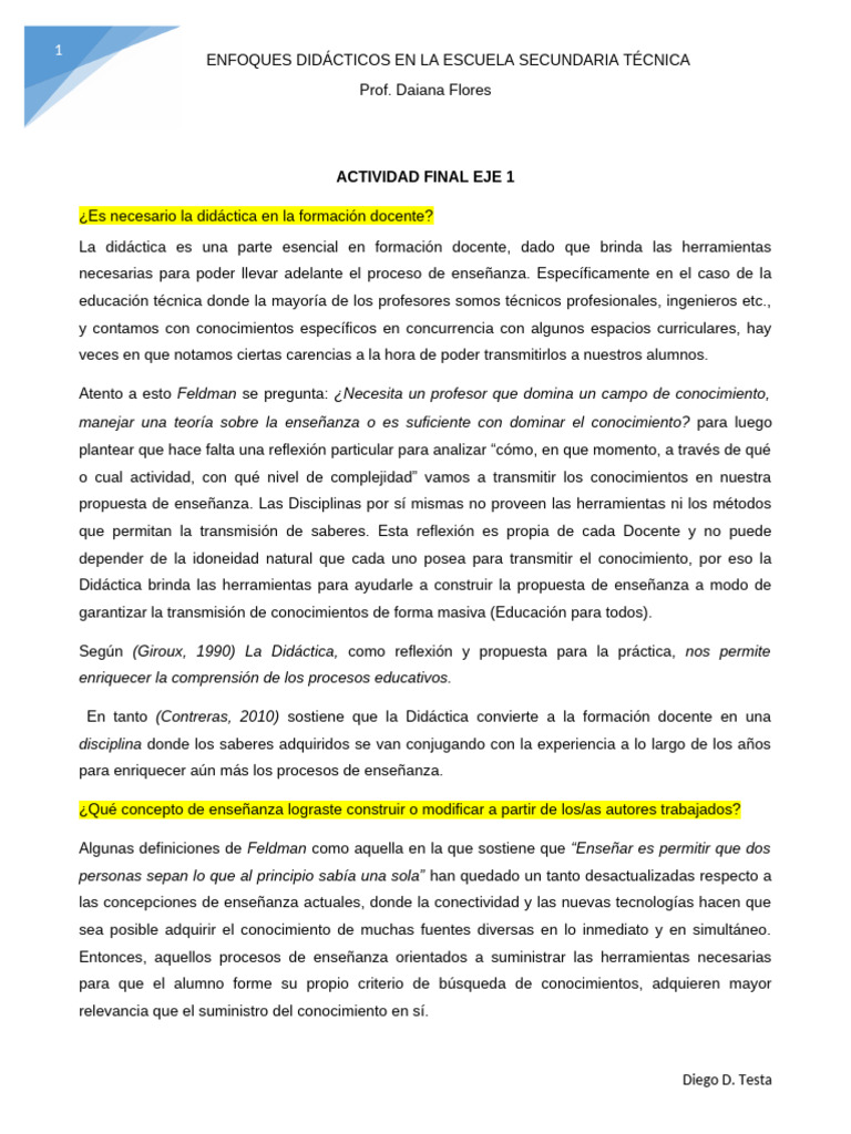 Actividad Final-Eje 1- Didáctica | PDF | Enseñando | Maestros
