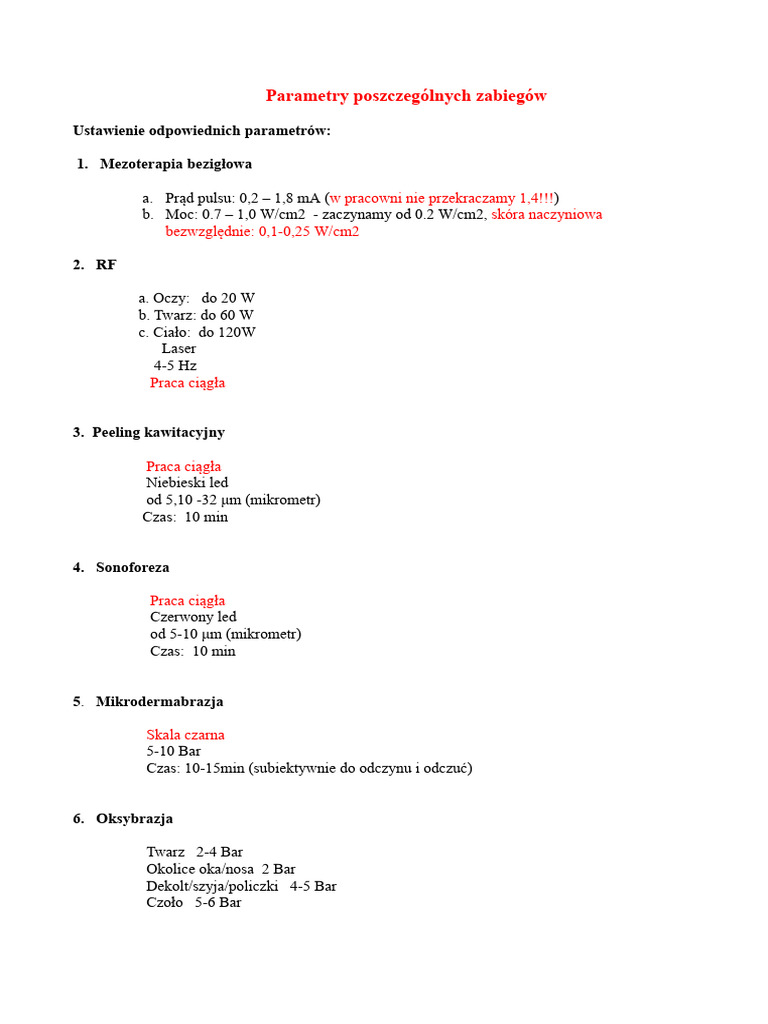 Parametry Zabiegowe | PDF