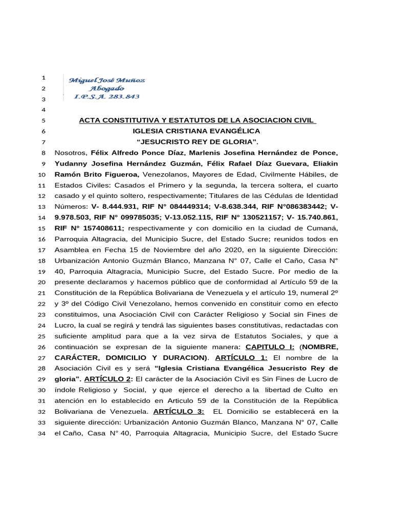 A-1 Modelo de Acta Constitutiva de Asociaciones Civiles de Caracter Religioso | PDF | Documento ...