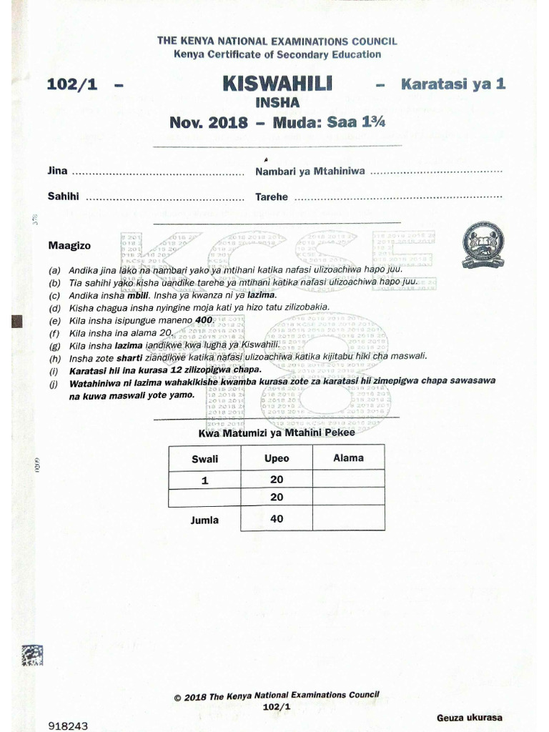 KCSE 2018 KNEC Kisw pp1 | PDF