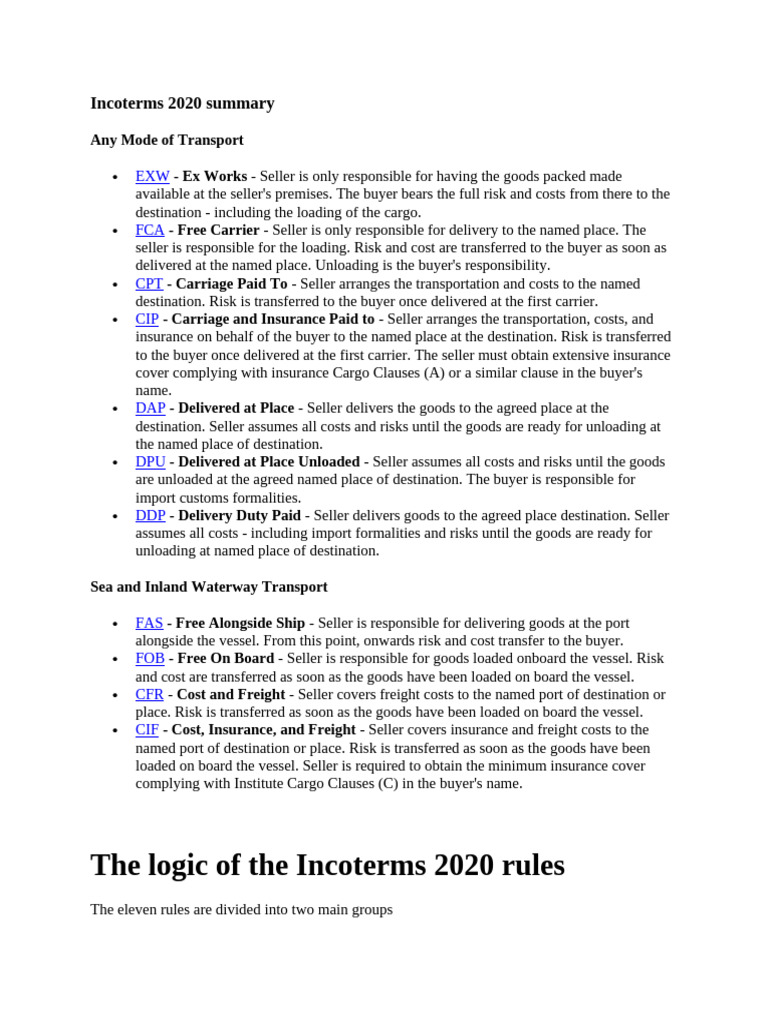 Incoterms 2020 summary | PDF | Logistics | Business Law