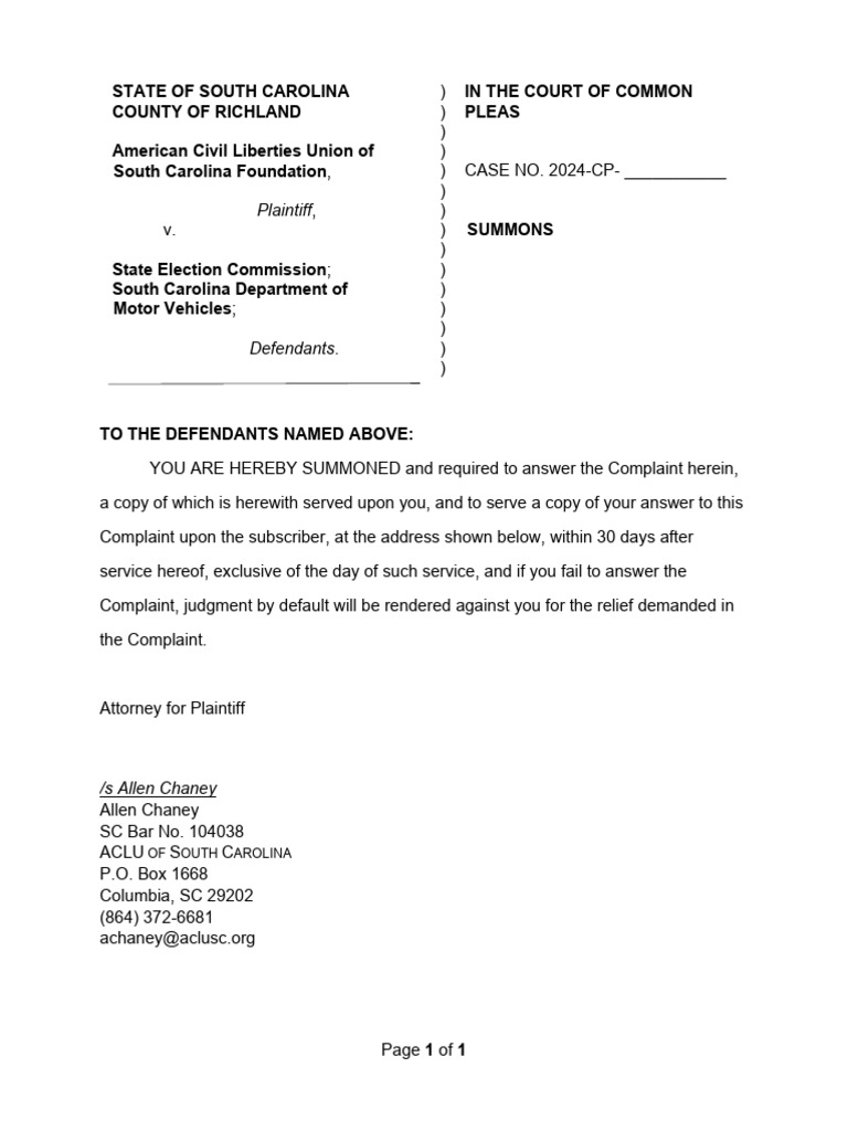 Summons and Complaint | PDF | Voter Registration | Complaint