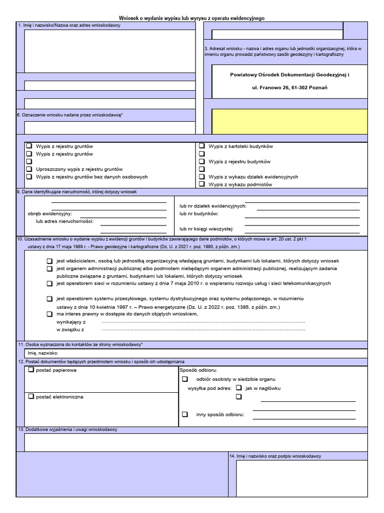 Formularz - EGIB - Wniosek o Wydanie Wypisu Lub Wyrysu Z Operatu Ewidencyjnego | PDF