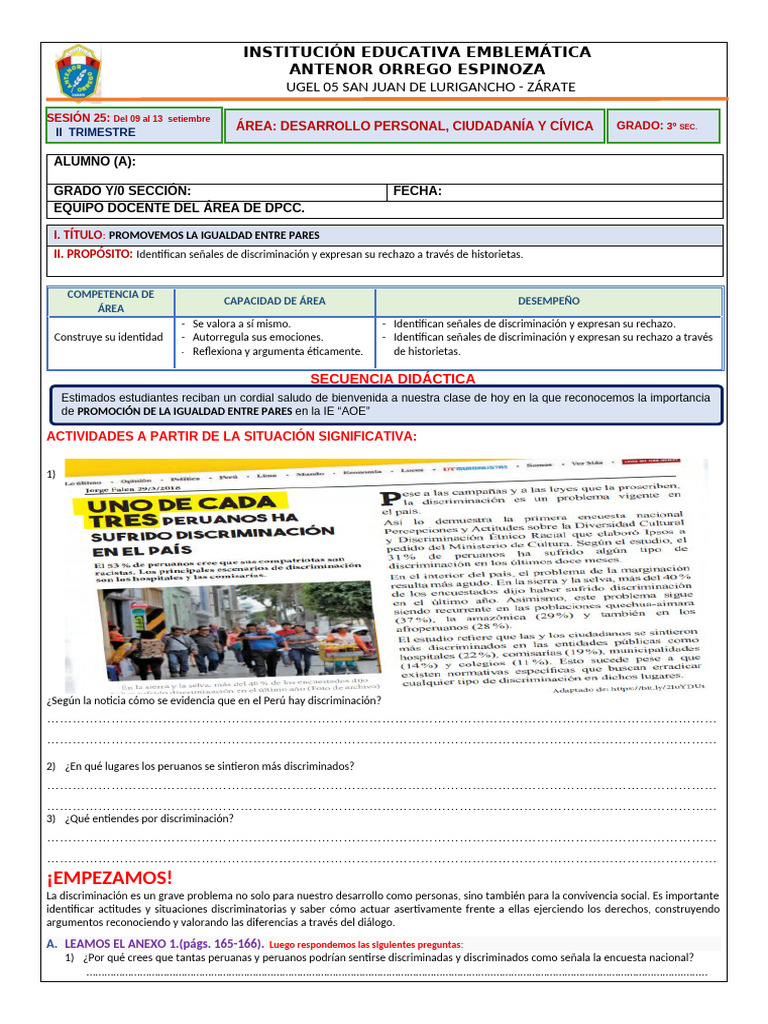 Sesión 25. DPCC 3° Sec. 2024. Ficha | PDF | Discriminación | Psicología Social