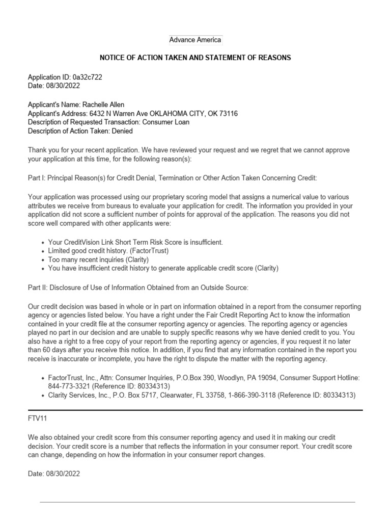 Advance America (NOTICE OF ACTION TAKEN AND STATEMENT OF REASONS) | PDF ...