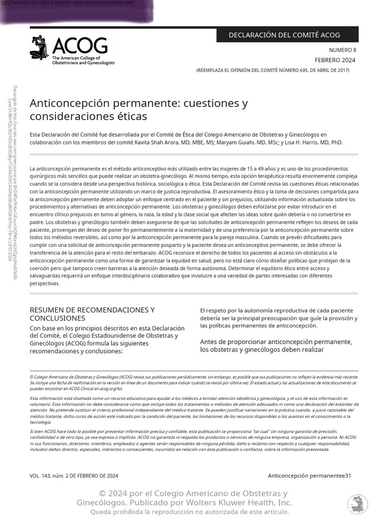 Español Guía ACOG 2024 Anticoncepción Definitiva | PDF | Control de la ...