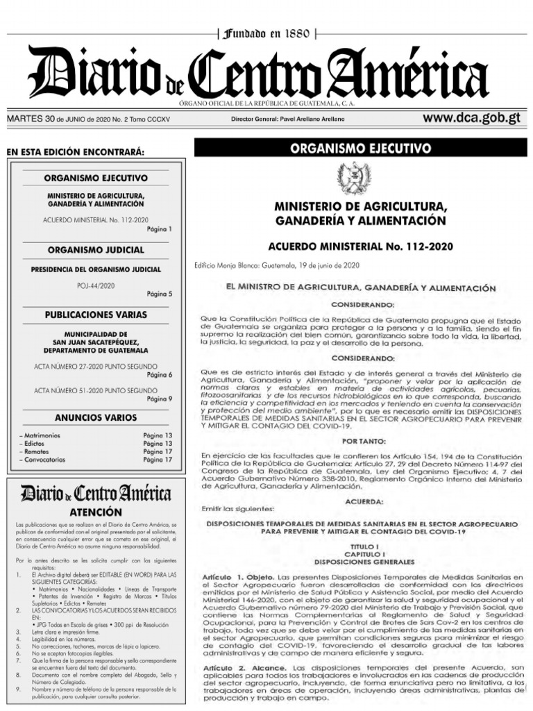 Acuerdo Ministerial 112-2020 MAGA Disposiciones Temp Sector Agro COVID ...