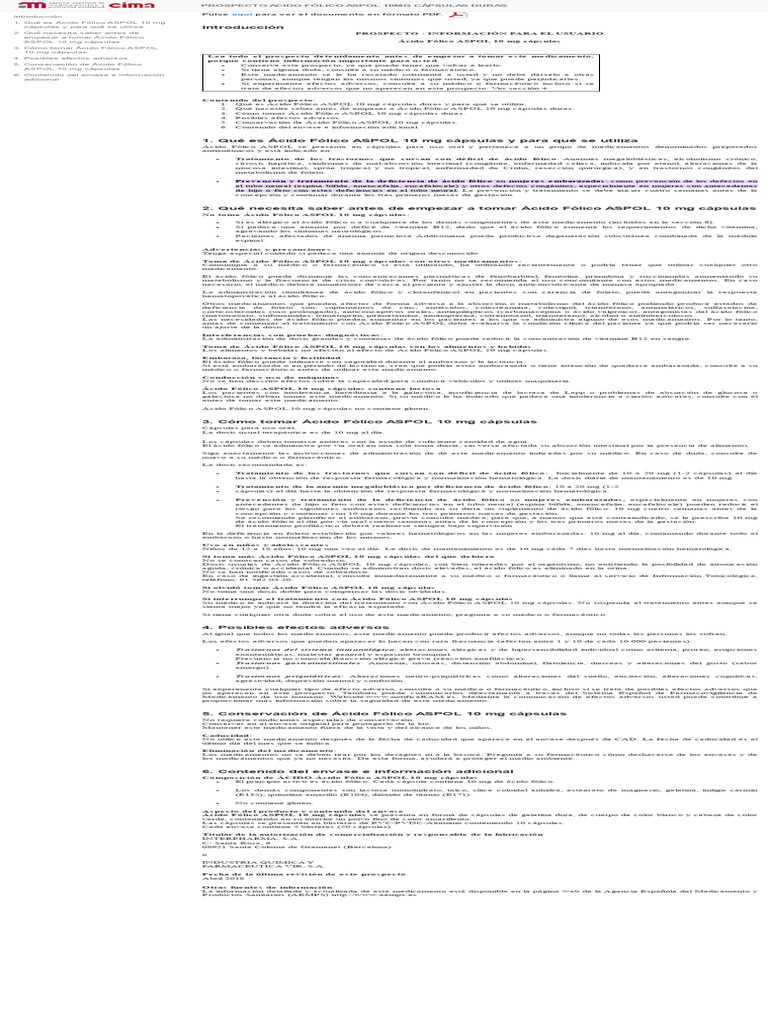 Acido Fólico Aspol 10MG Cápsulas Duras | PDF | Medicamentos con receta ...