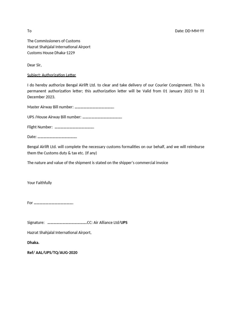 Authorization Letter for Customs Clearance | PDF