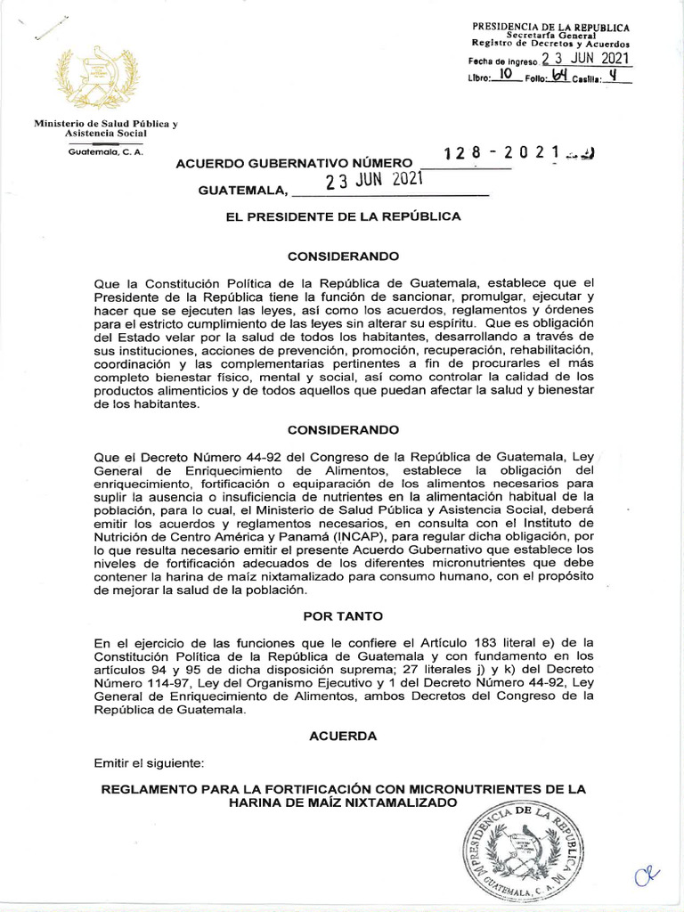 AG-128-2021-1 REglamento Fortificacion Harina de Maiz | PDF