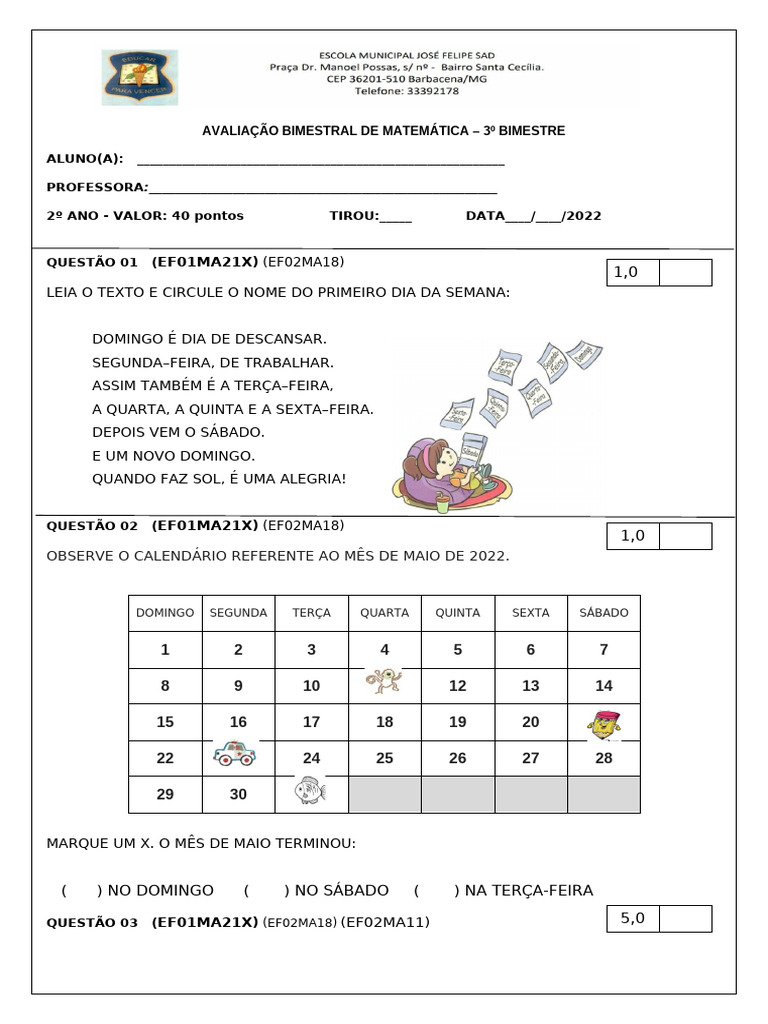 Avaliação De Matemática 2º Ano Pdf