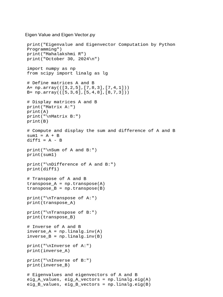 Python Eigenvalue & Eigenvector Calculation | PDF | Eigenvalues And ...