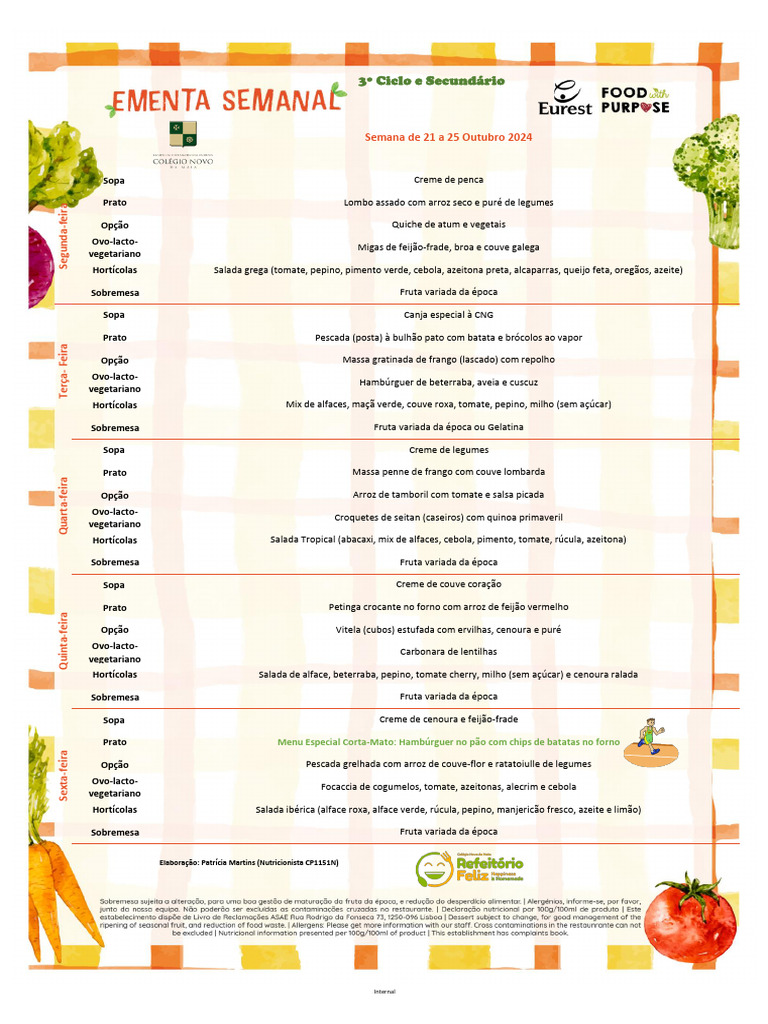 ementa-3-ciclo-secundario-outubro-2024-s4 | PDF | Culinária | Alimentos