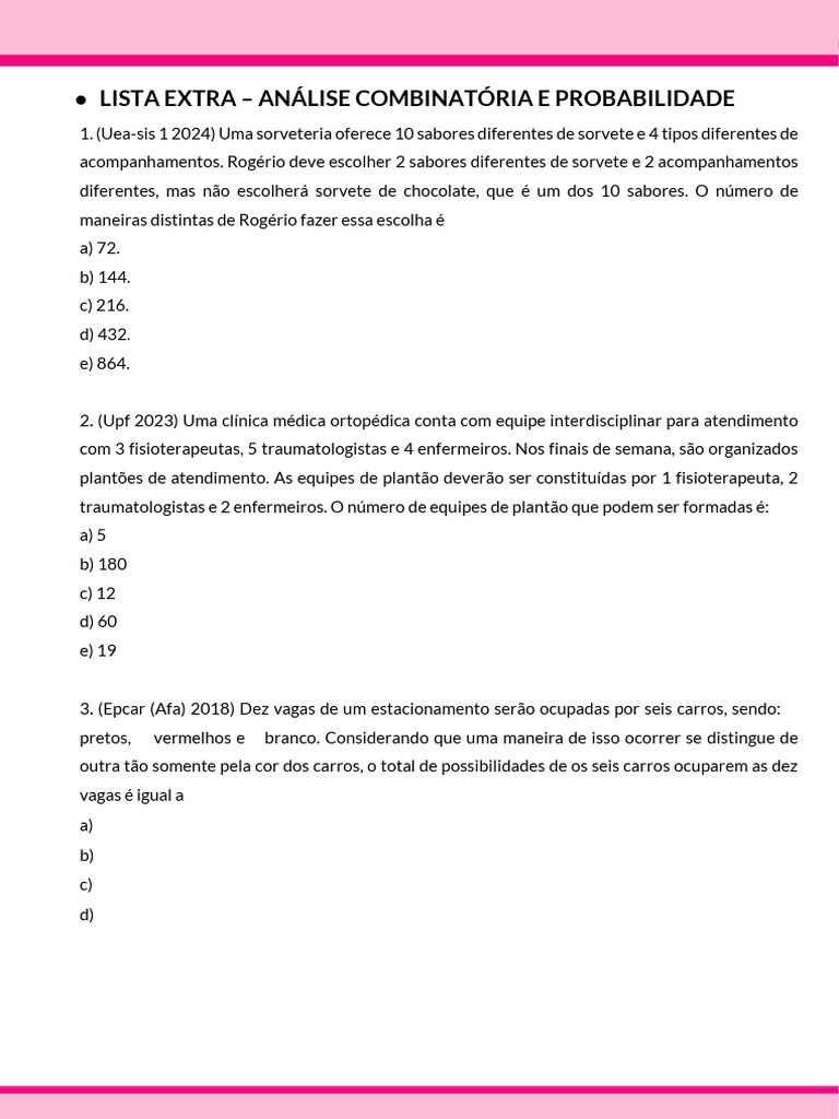 Lista Extra - Análise Comb. e Prob. - Geral | PDF | Código de barras