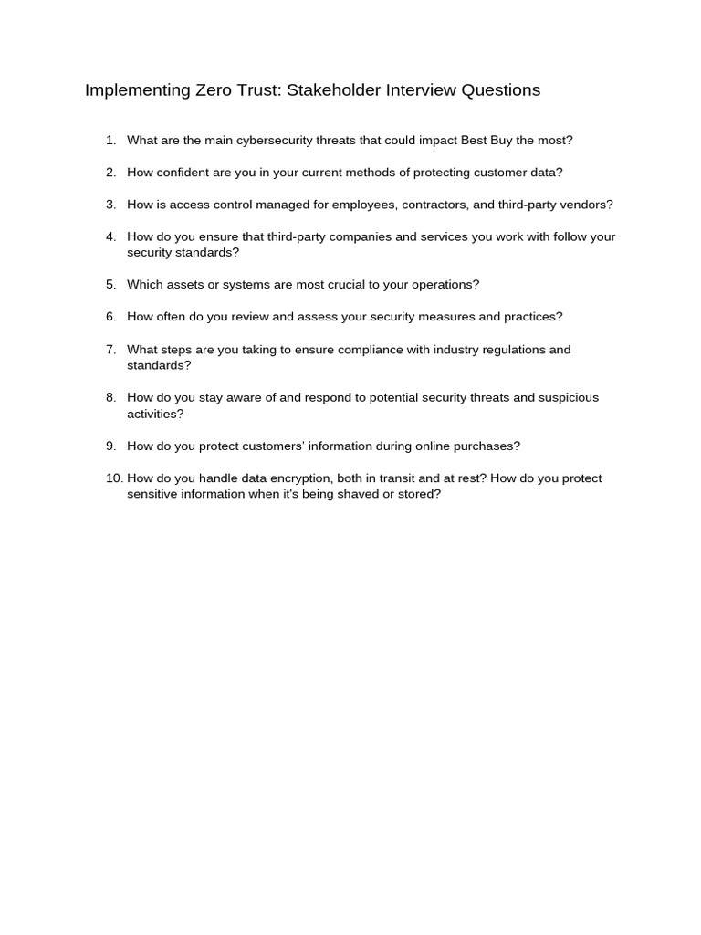 Implementing Zero Trust_ Stakeholder Interview Questions | PDF Implementing Zero Trust_ Stakeholder Interview Questions | PDF